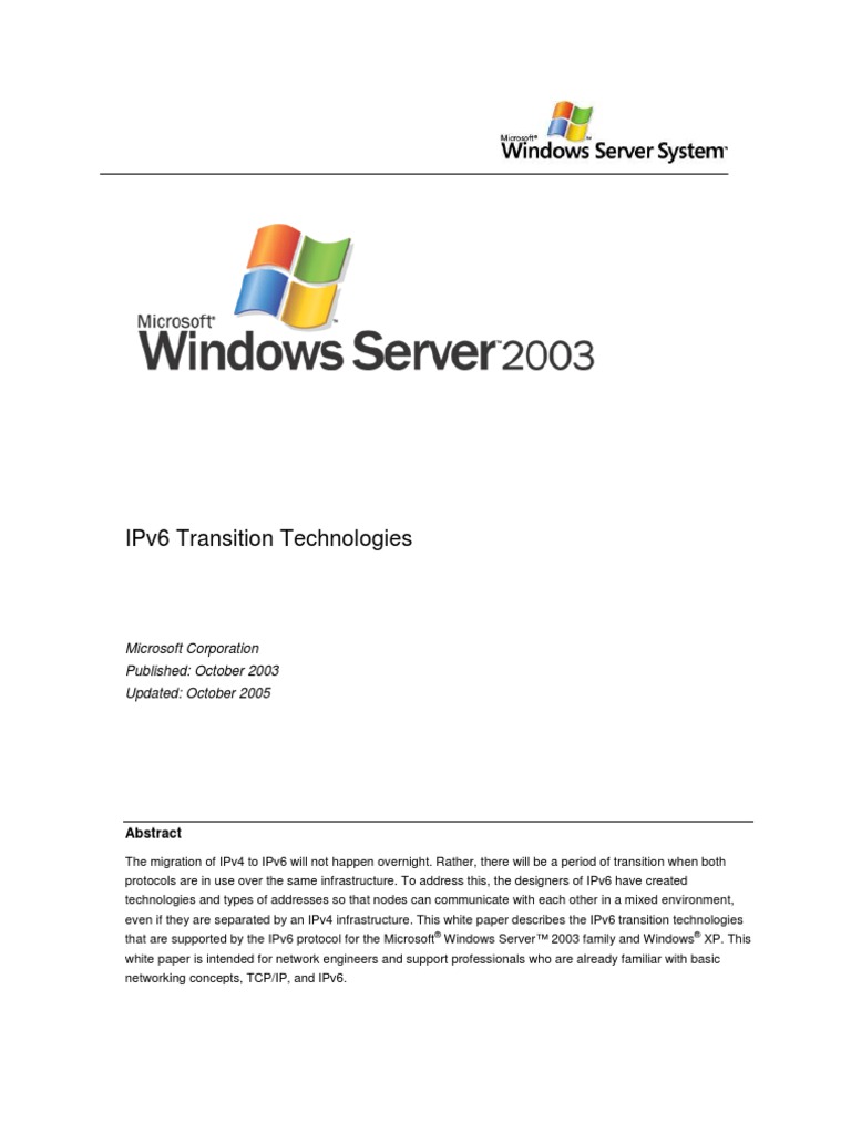 Ipv6 Transition Technologies: Microsoft Corporation Published: October ...