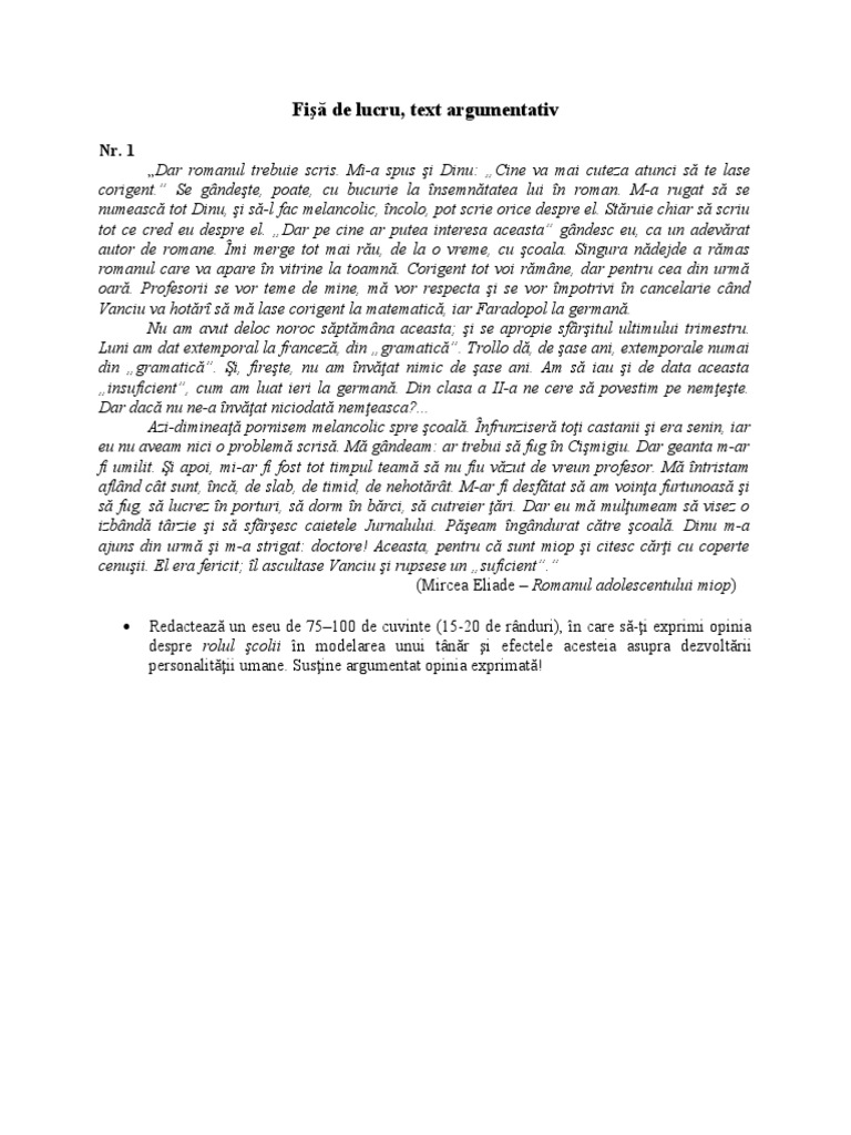 Fisa de Lucru Text Argumentativ-10c | PDF