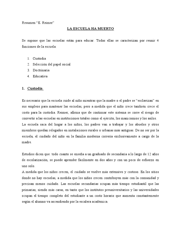La Escuela Ha Muerto (Texto 1 - Reimer) | PDF | Aprendizaje ...