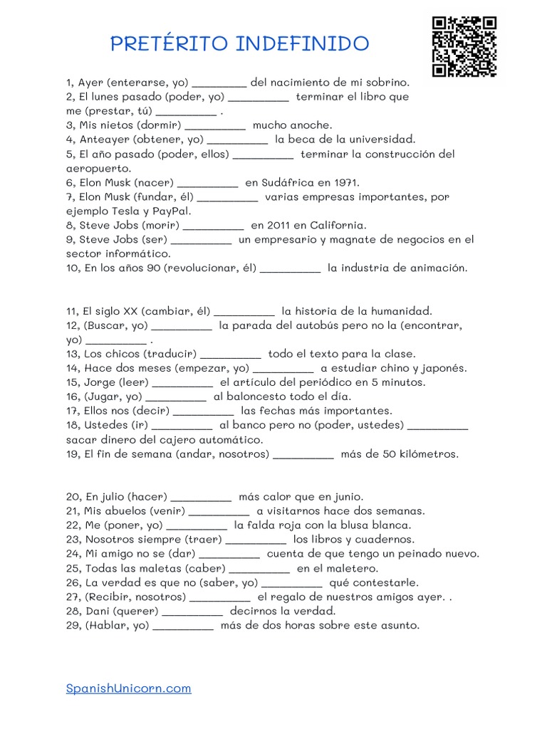 Pretérito Indefinido Ejercicios PDF | PDF | Juegos y actividades ...