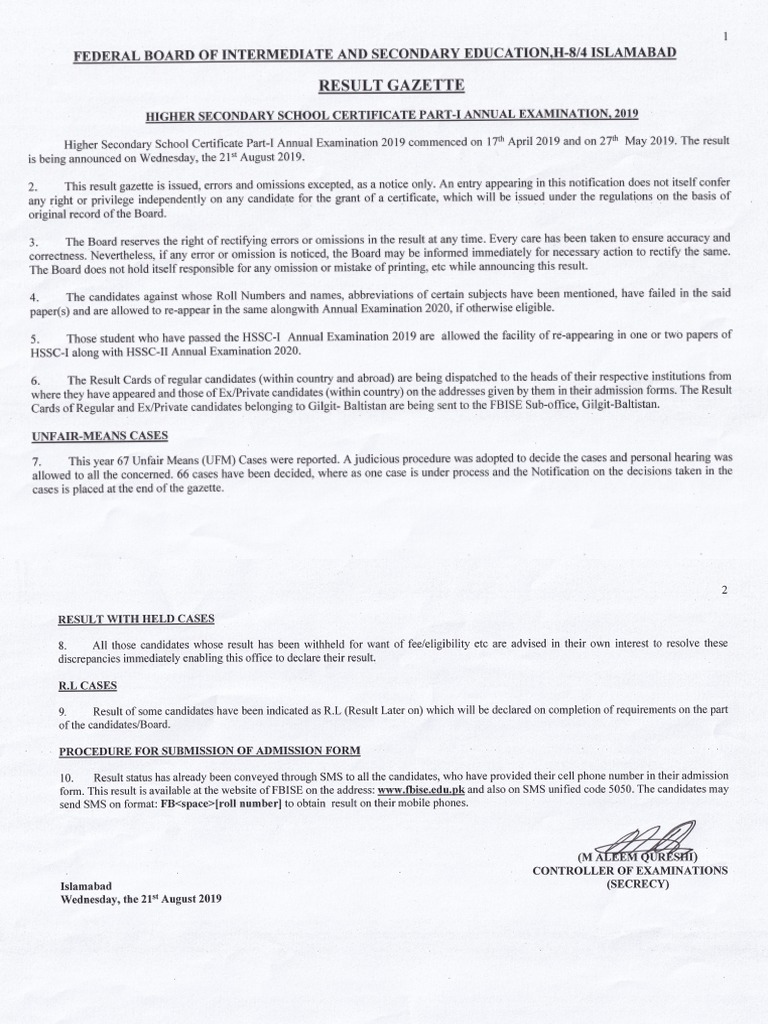 FBISE Result Gazzette PDF | PDF | Academia | Science