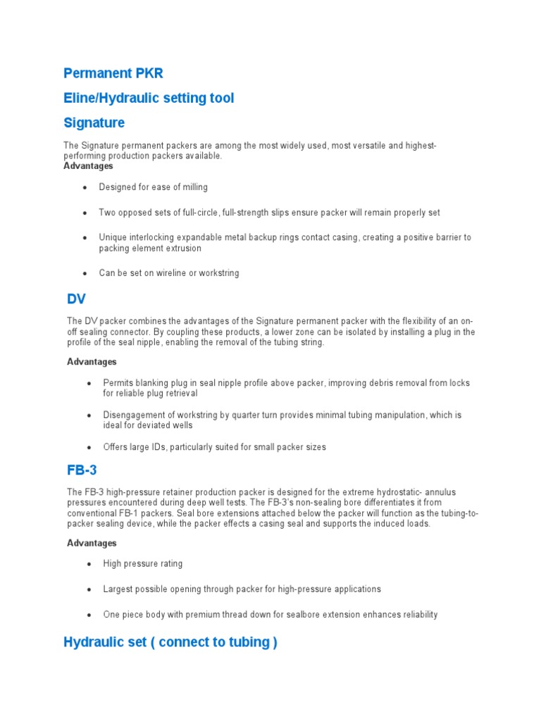 Permanent PKR Eline/Hydraulic Setting Tool Signature: Advantages ...