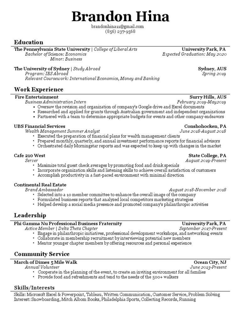 Brandon Hina Resume | PDF | Business | Economies