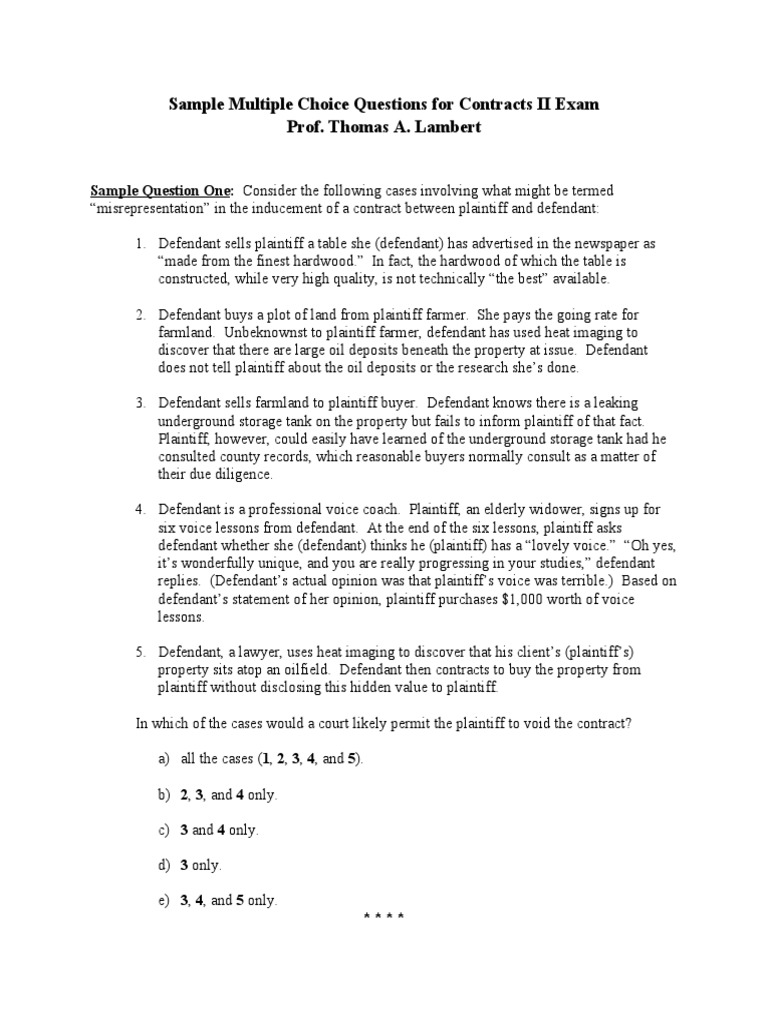 Sample Multiple Choice Questions For Contracts II Exam | PDF | Lease | Misrepresentation