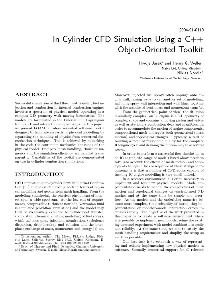 In-Cylinder CFD Simulation Using A C++ Object-Oriented Toolkit | PDF | Computational Fluid ...