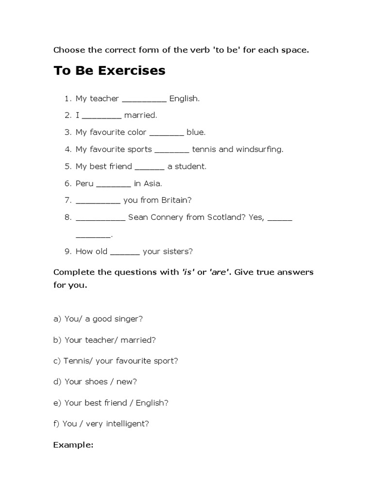 Verb 'To Be' Exercise Worksheet | PDF | Sports & Recreation