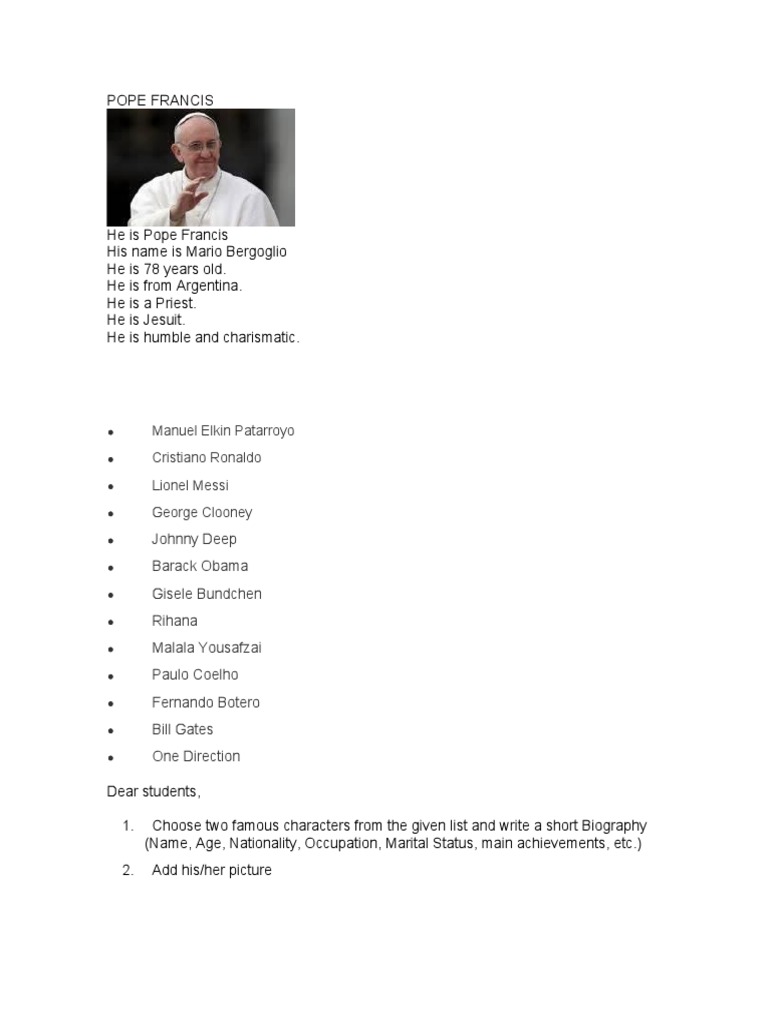 Biography Task: Pope Francis Facts | PDF