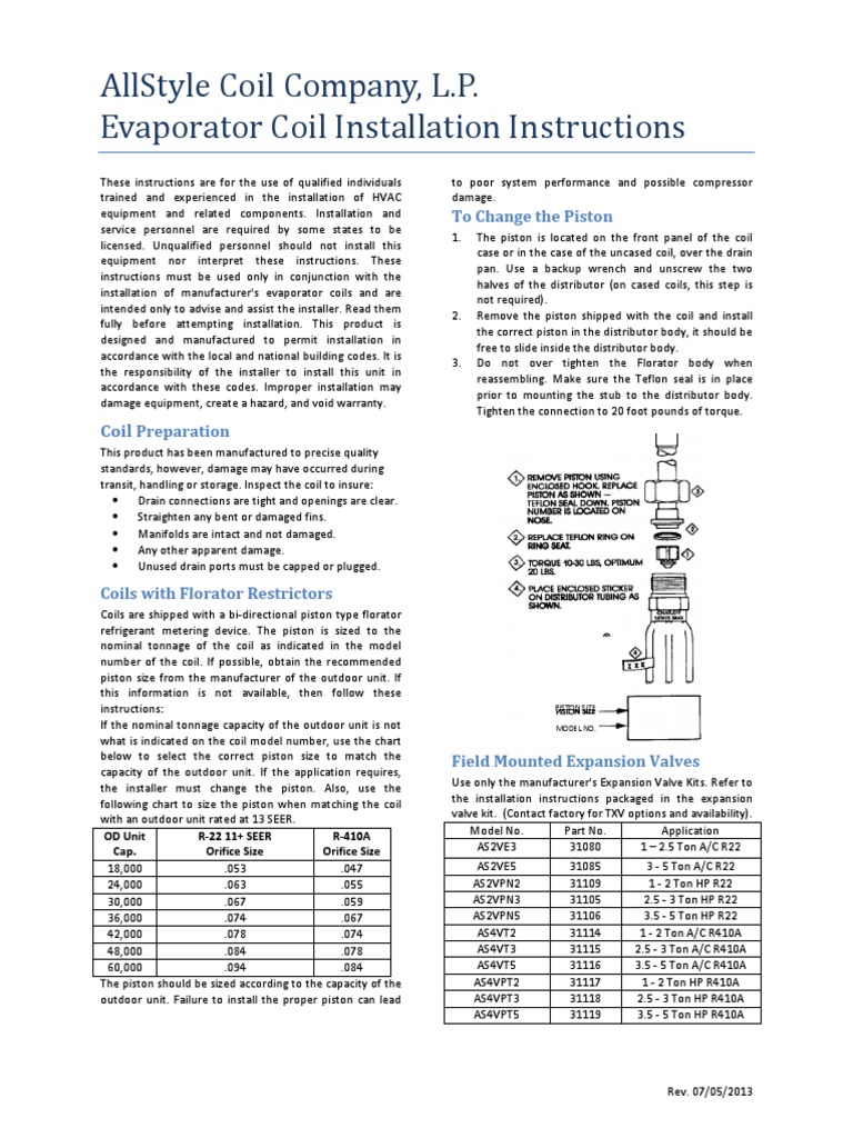 Allstyle Coil Company, L.P. Evaporator Coil Installation Instructions ...