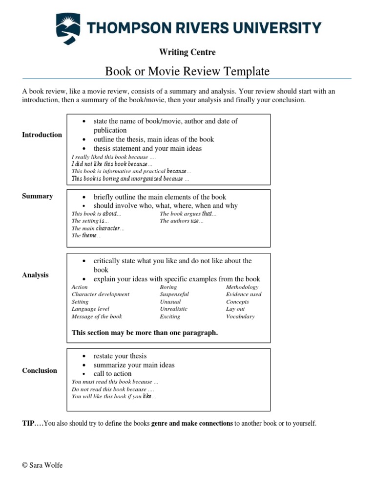 Book or Movie Review Template: Writing Centre | PDF