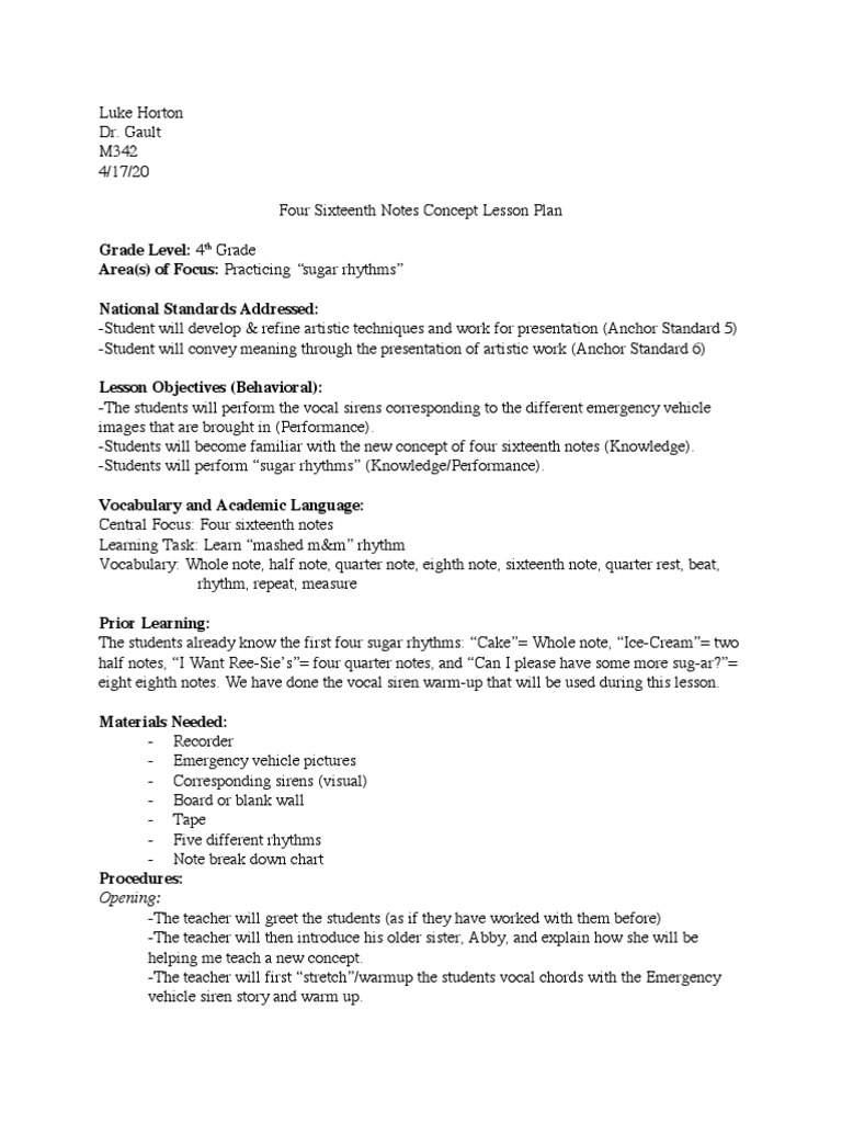 Four Sixteenth Notes Concept Lesson Plan 2 | PDF | Lesson Plan | Rhythm