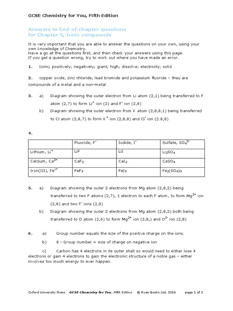Answers To End-Of-Chapter Questions For Chapter 5, Ionic Compounds ...