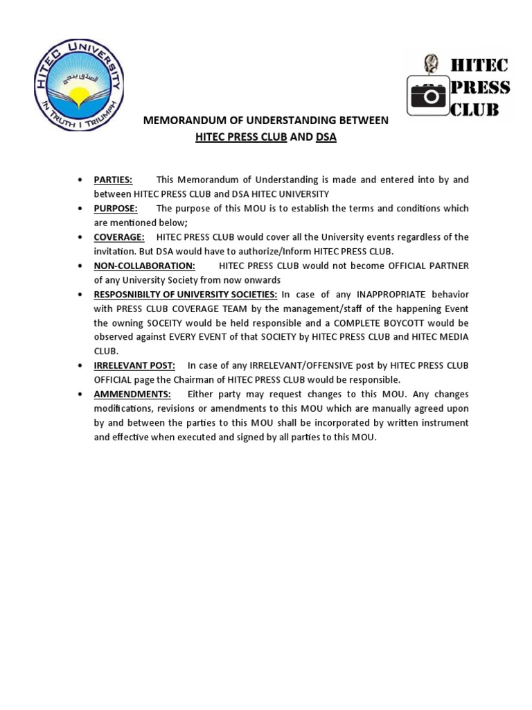 Memorandum of Understanding Between Hitec Press Club and Dsa | PDF