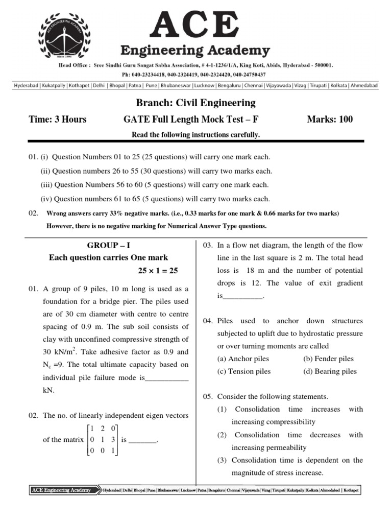 Branch: Civil Engineering: Time: 3 Hours GATE Full Length Mock Test - F ...