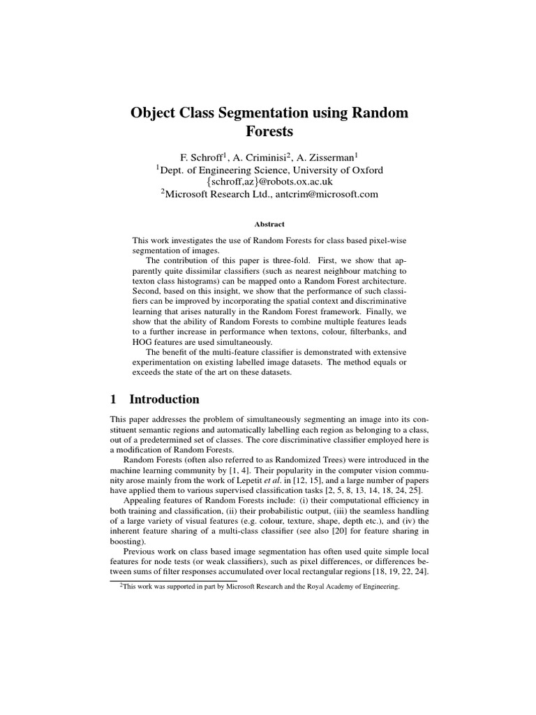 Object Class Segmentation Using Random Forests | PDF | Statistical Classification | Image ...