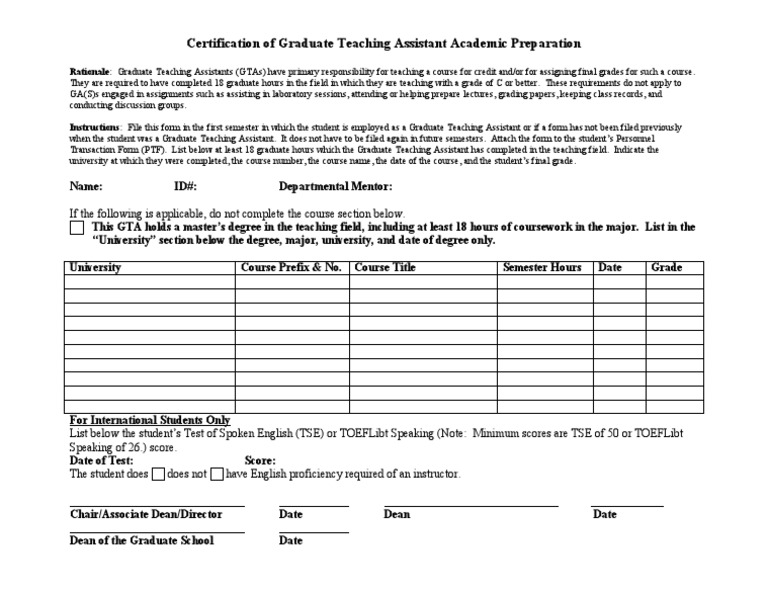Certification of Graduate Teaching Assistant Academic Preparation | PDF ...