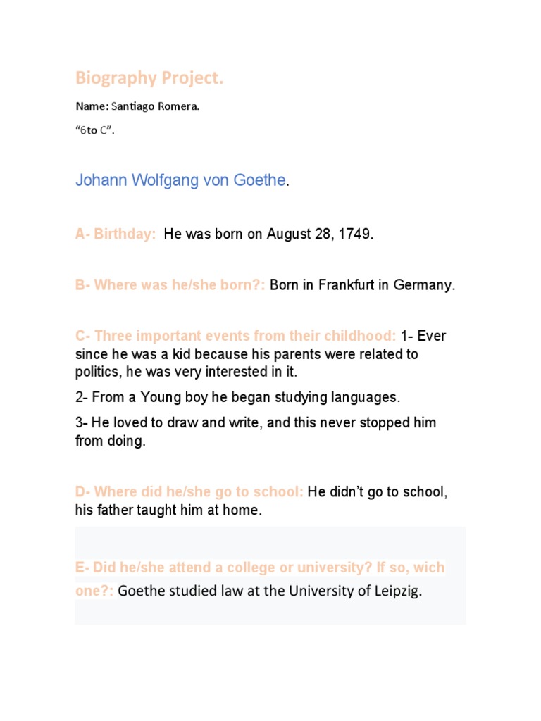 Biography Project.: Johann Wolfgang Von Goethe | PDF