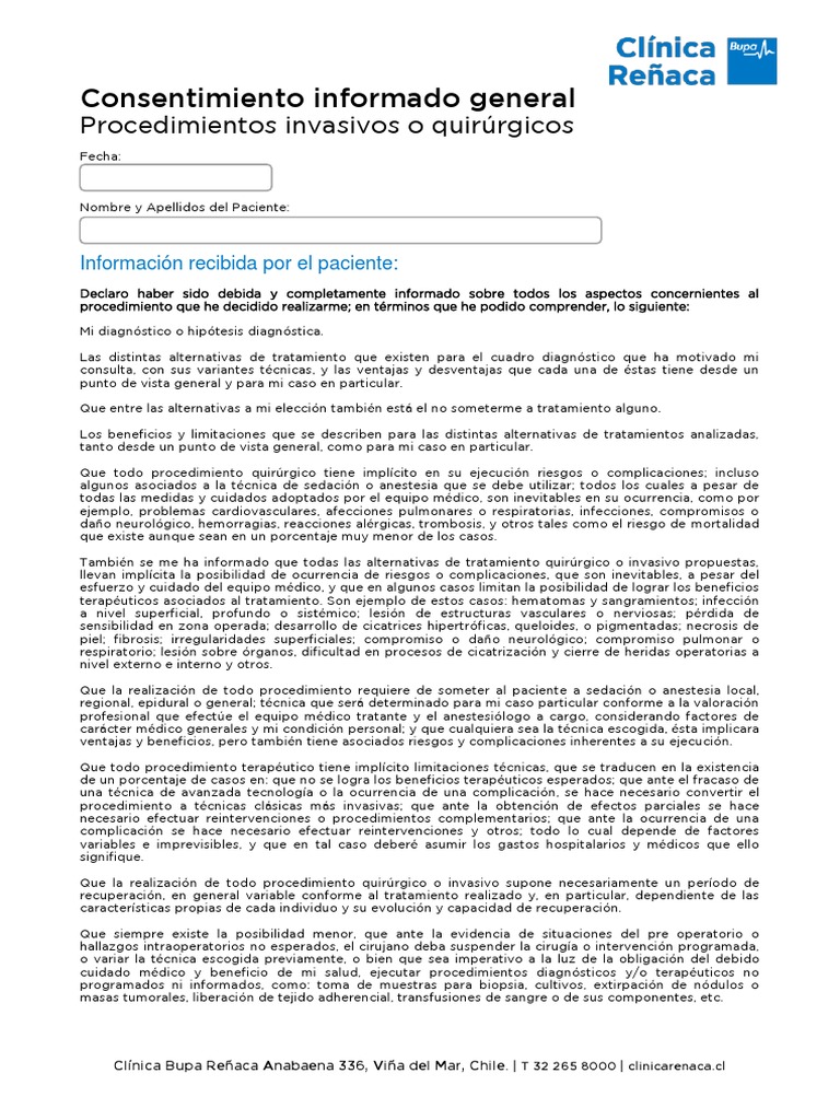 001 Consentimiento Informado General para Procedimientos Invasivos o Quir Rgicos | PDF ...
