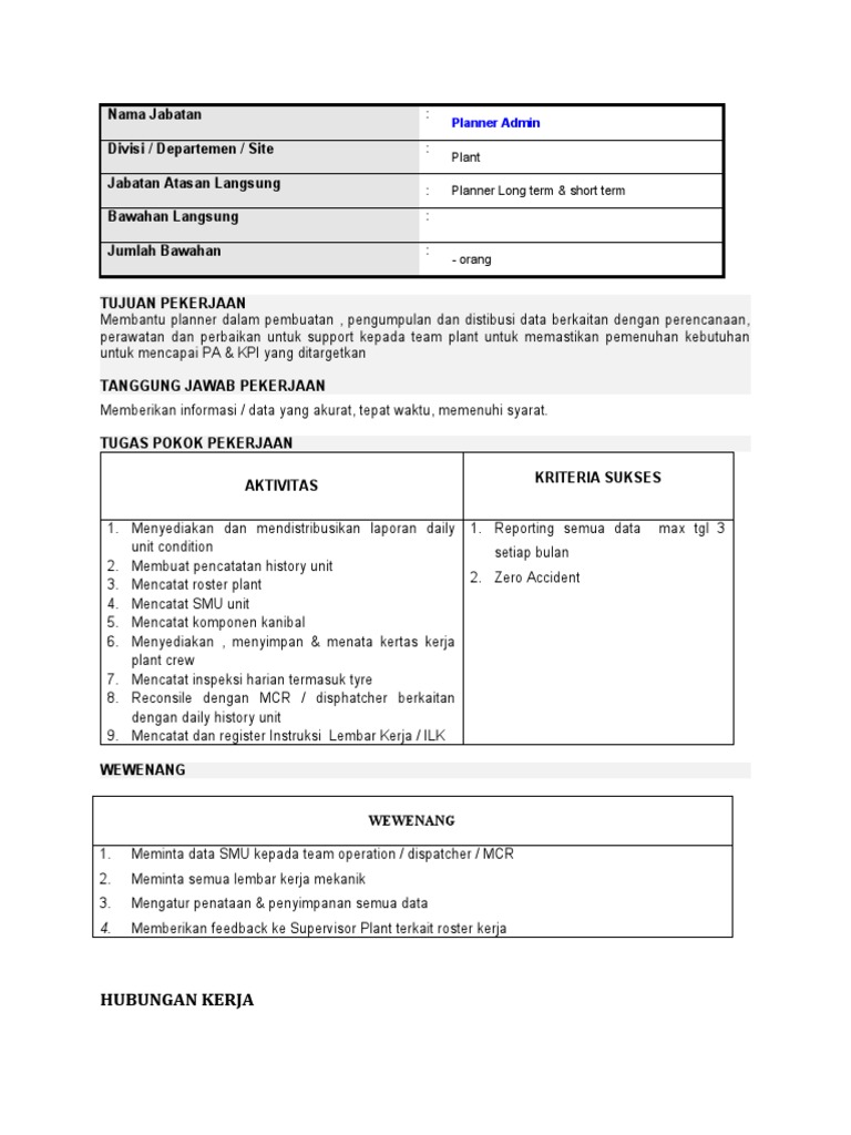 Tugas dan Tanggung Jawab Planner Admin | PDF | Bisnis | Teknologi ...