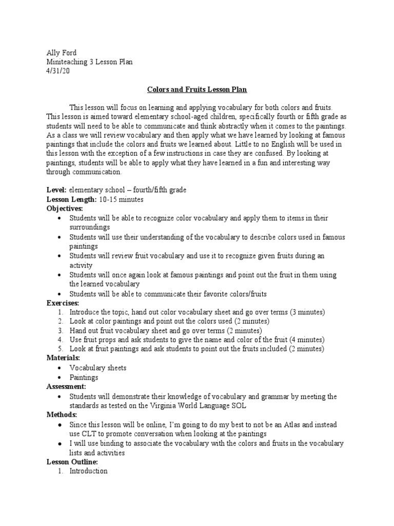 Colors and Fruits Lesson Plan | Download Free PDF | Lesson Plan ...