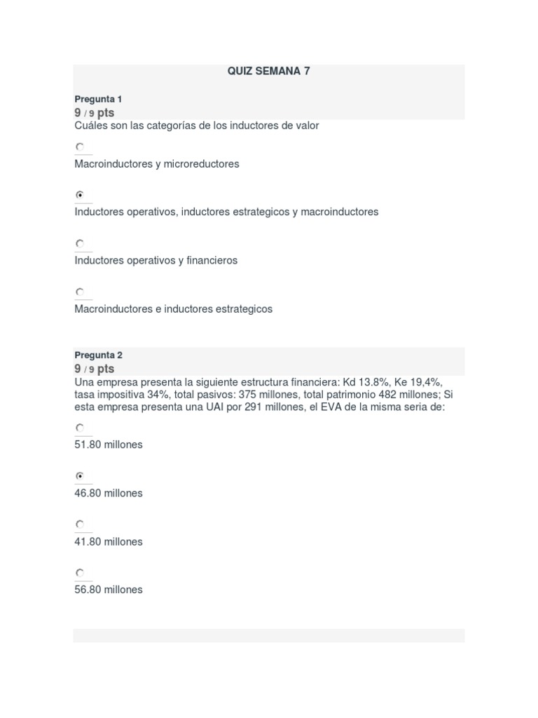 Quiz de Inductores de Valor y Finanzas | PDF | Capital (economía) | Deuda