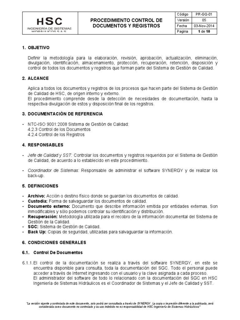 PR-GQ-01 Procedimiento Control de Documentos y Registros V05 | PDF ...