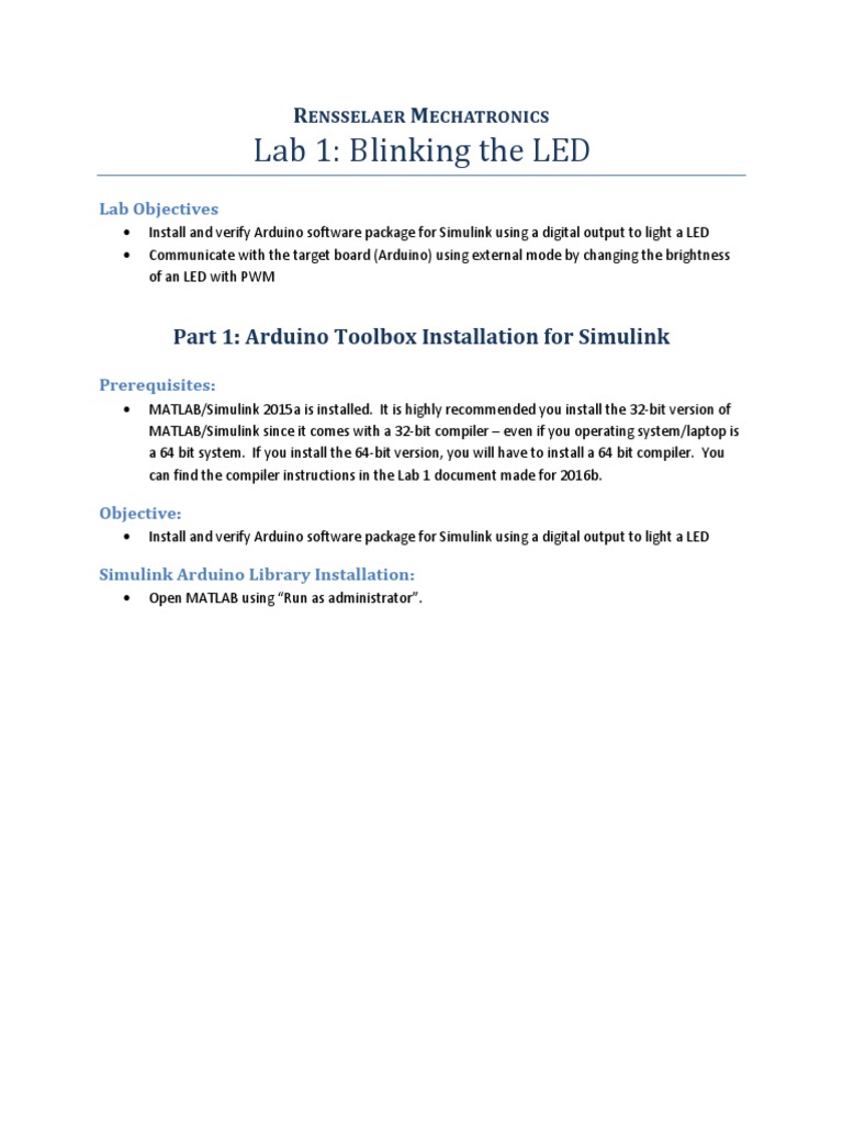 Lab 1 Simulink Arduino Intro Blinking Led R17 2015a 2015b Pdf Arduino Device 