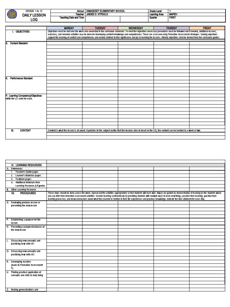 Daily Lesson LOG: GRADE 1 to 12 | Applied Psychology | Learning