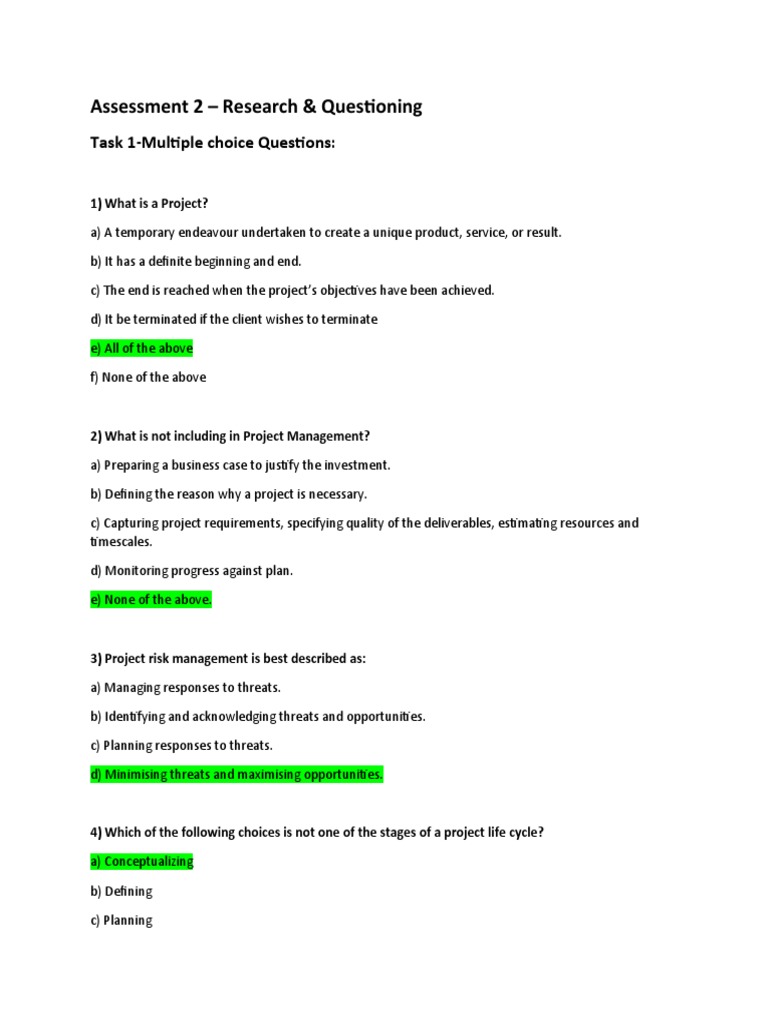 Assessment 2 - Research & Questioning: Task 1-Multiple Choice Questions ...