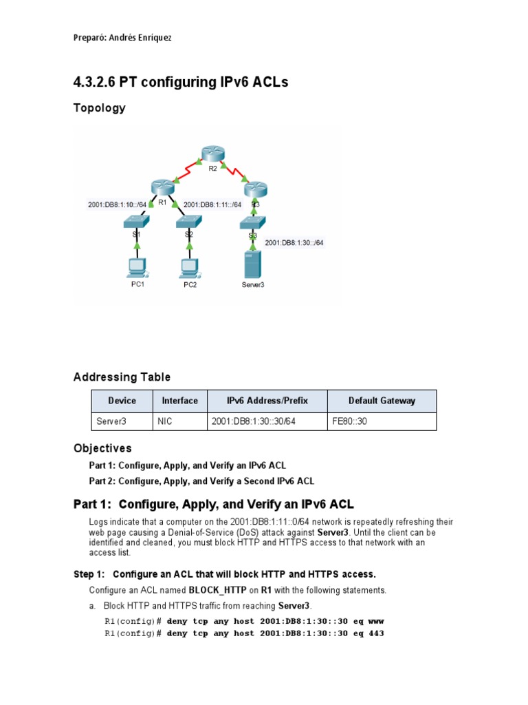 4 3 2 6 Pt Configuring Ipv6 Acls Ae Pdf I Pv6 Denial Of Service Attack
