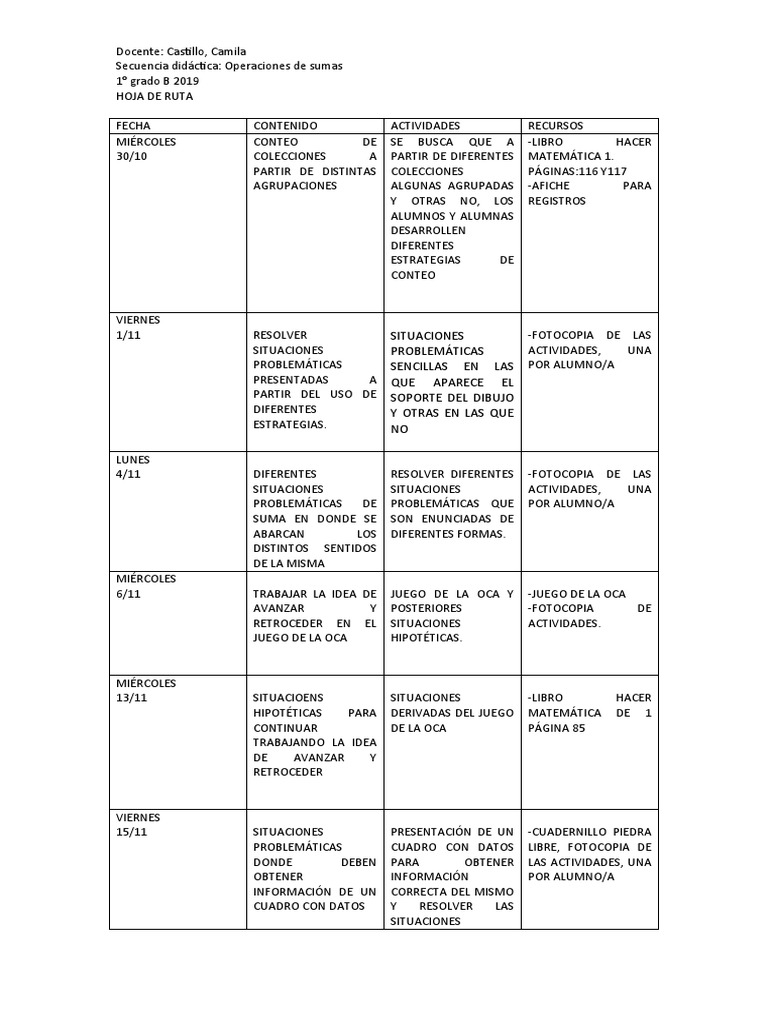 Secuencia de Sumas para Primero 2019 | PDF | Enseñando y aprendiendo | Ocio