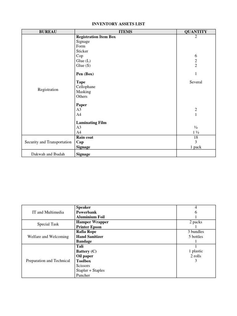 Inventory Assets List (Examples) | PDF