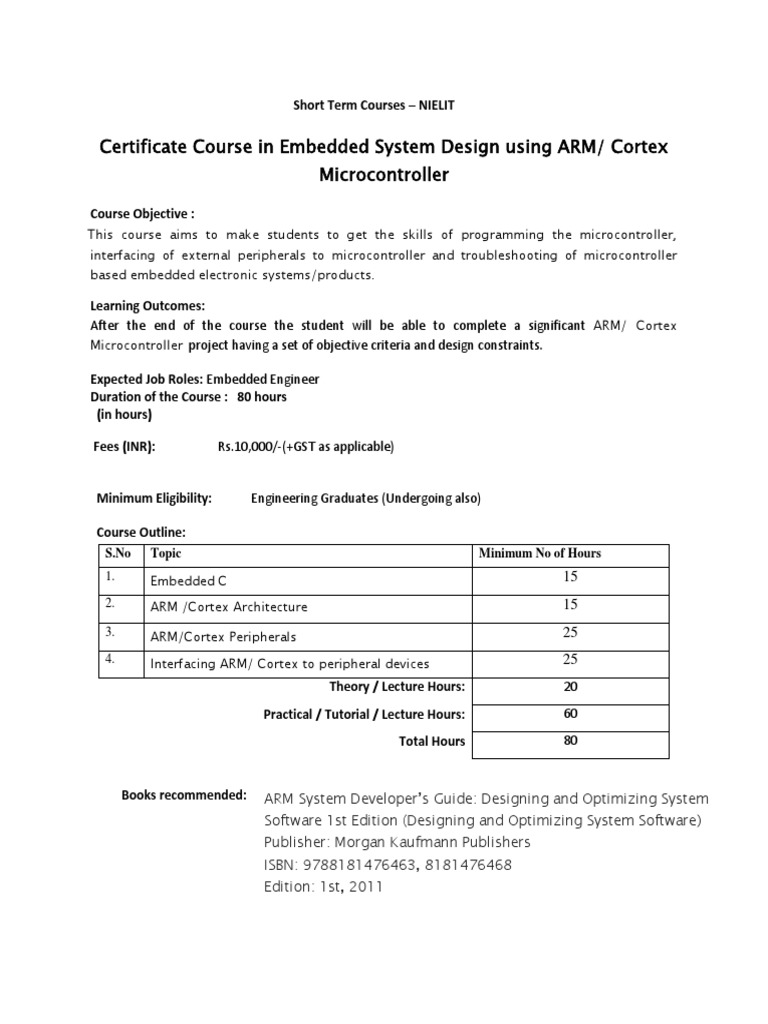 Certificate Course In Embedded System Design Using Arm Cortex Microcontroller Pdf Embedded