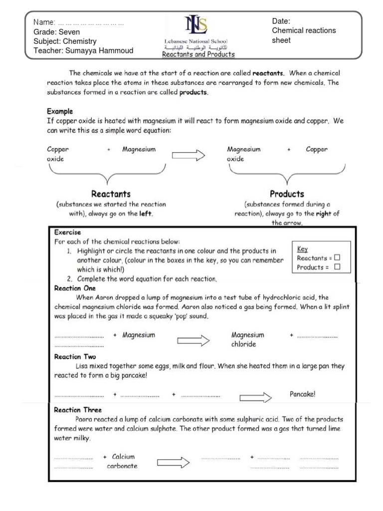 Date: Chemical Reactions Sheet Name: Grade: Seven Subject: Chemistry ...