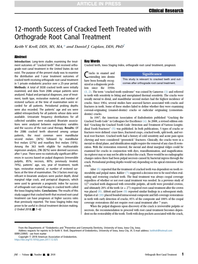12-Month Success of Cracked Teeth Treated With Orthograde Root Canal ...
