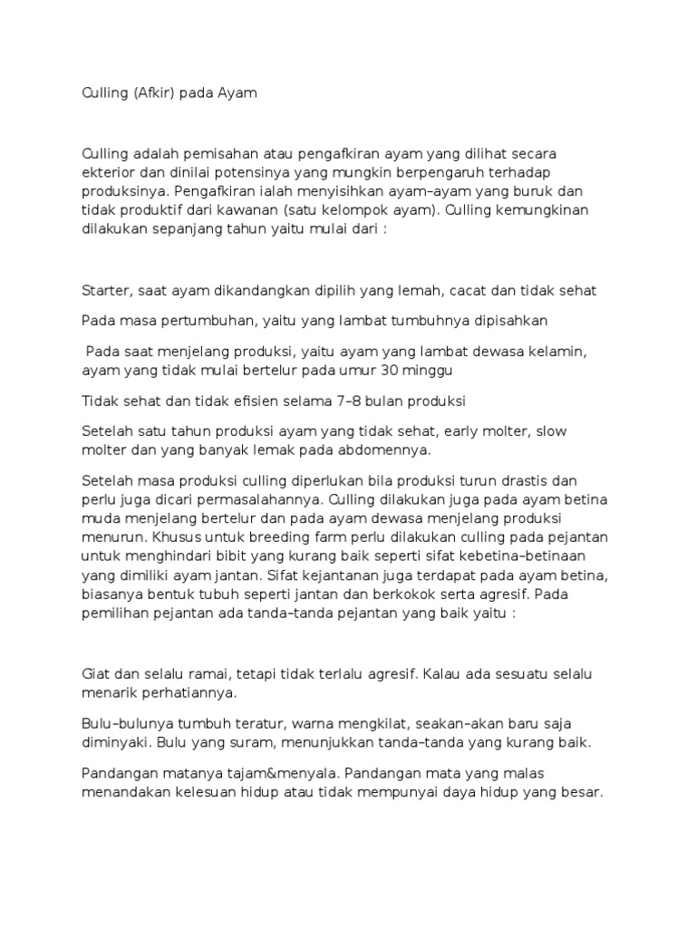 Proses Culling pada Ayam Petelur | PDF | Memasak, Makanan, & Anggur
