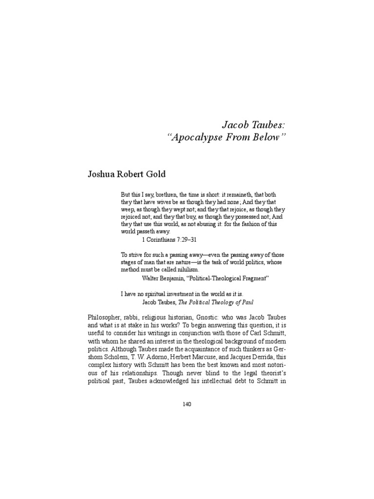 Jacob Taubes: "Apocalypse From Below ": Joshua Robert Gold | PDF | Paul ...