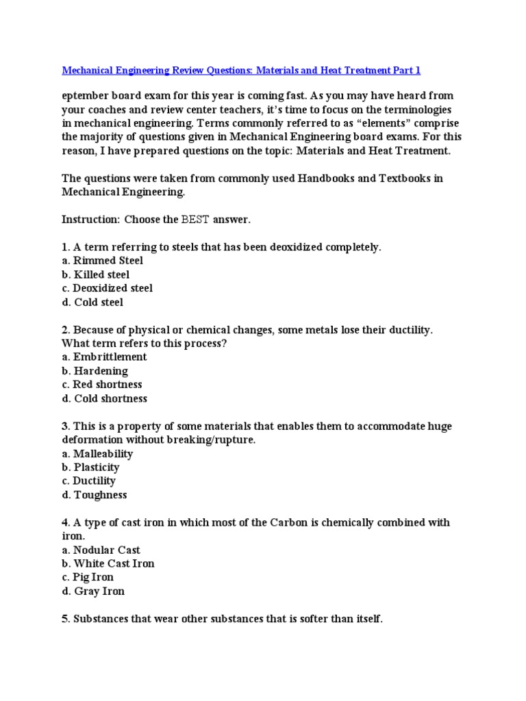 Mechanical Engineering Review Questions: Materials and Heat Treatment ...