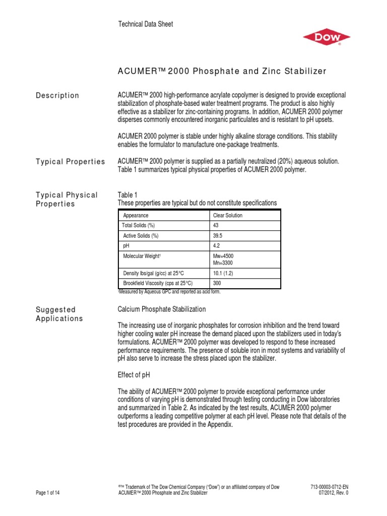 ACUMER™ 2000 Phosphate and Zinc Stabilizer: Description | PDF ...