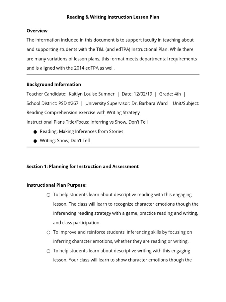 Draft of Writing Reading Instruction Lesson Plans | PDF | Reading ...