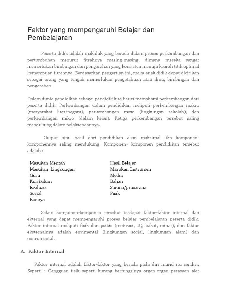Faktor Yang Mempengaruhi Belajar Dan Pembelajaran | PDF
