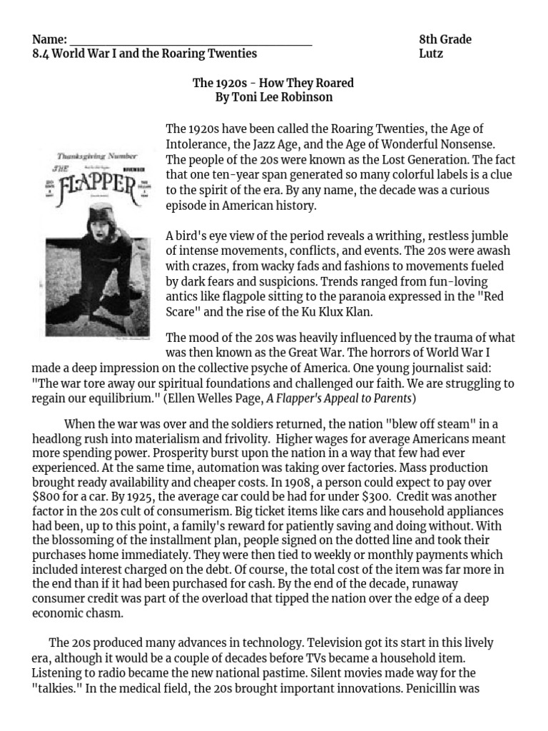 8.4 Roaring Twenties Article and Comprehension Review Questions | PDF ...