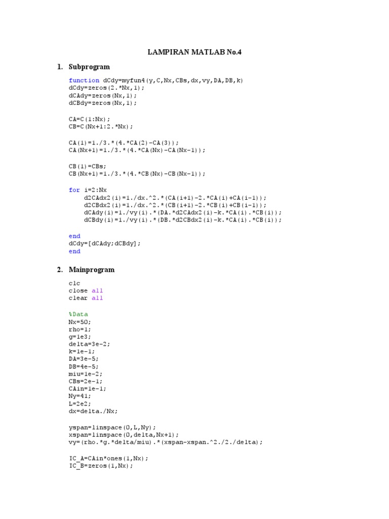 Lampiran Matlab No.4 1. Subprogram: Function | PDF | Chemical Reactor | Chemical Equipment