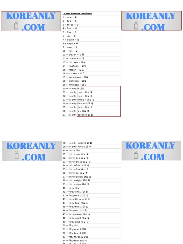 Korean Numbers 1-100 | PDF