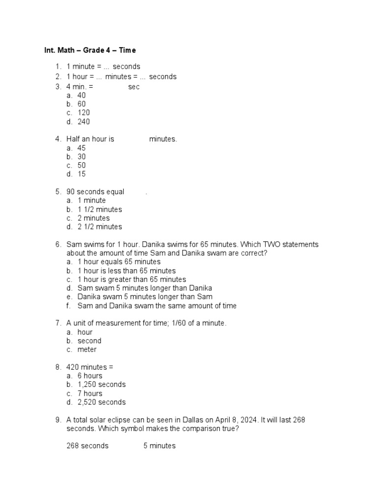 Int. Math - Grade 4 - Time | PDF | Nature