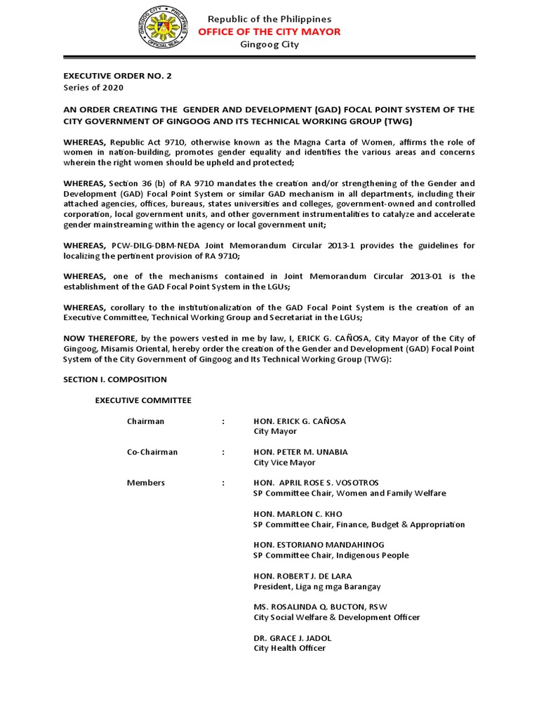 Executive Order - GAD Focal Point System 2019 (Approved) | PDF ...