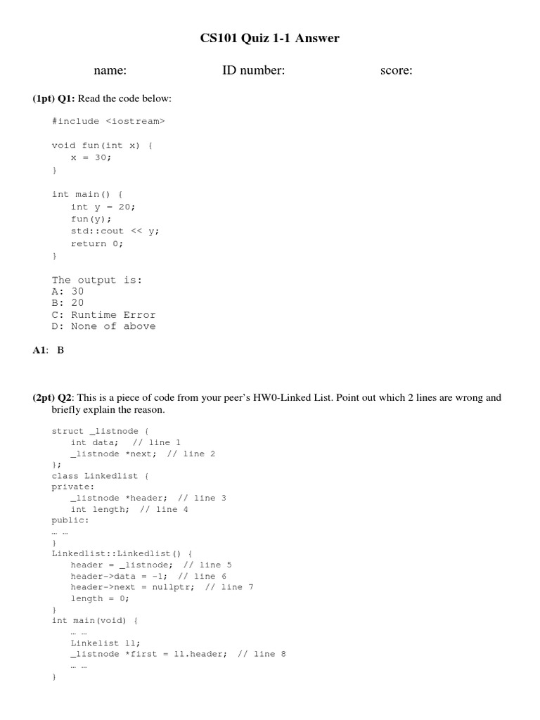 Name: ID Number: Score:: CS101 Quiz 1-1 Answer | PDF | Theoretical Computer Science | Computer ...