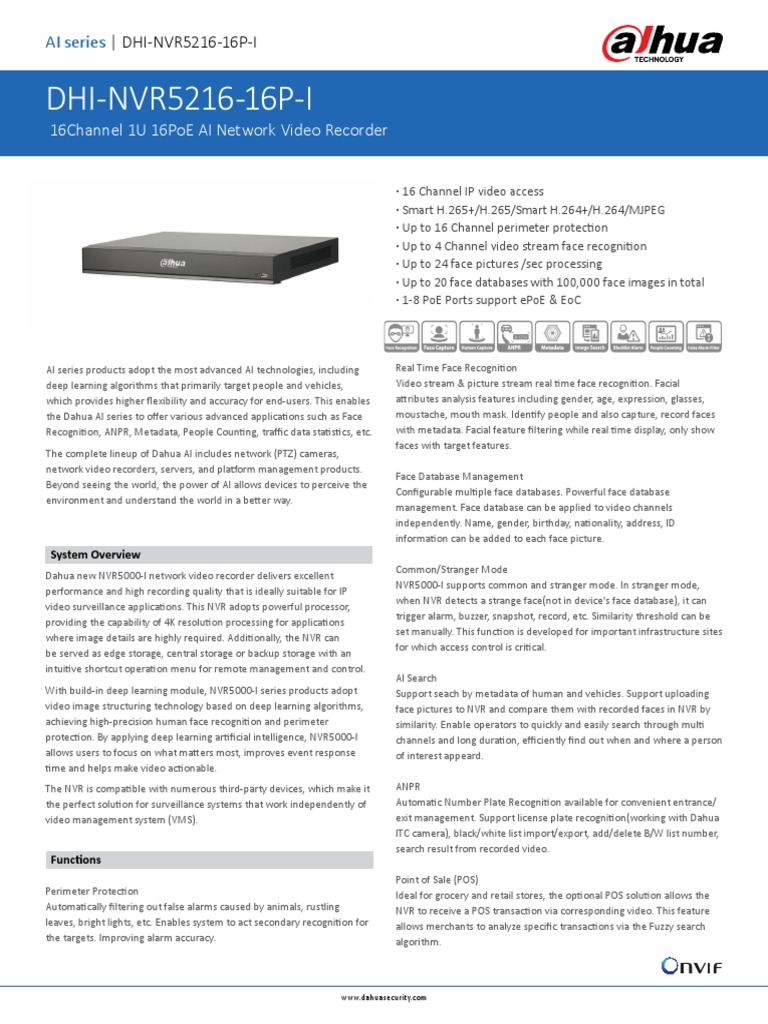 Dhi-Nvr5216-16P-I: 16channel 1U 16poe Ai Network Video Recorder | PDF | Point Of Sale ...