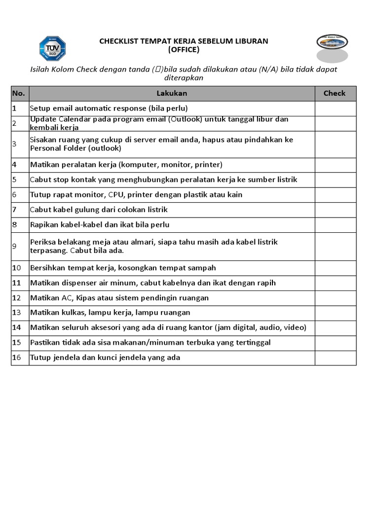 Checklist Office Dan Pabrik Sebelum Liburan | PDF