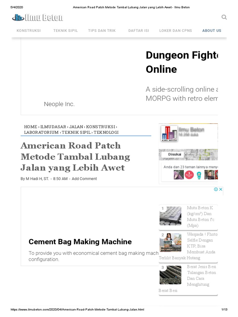 American Road Patch Metode Tambal Lubang Jalan Yang Lebih Awet 1-7 - Ilmu Beton | PDF