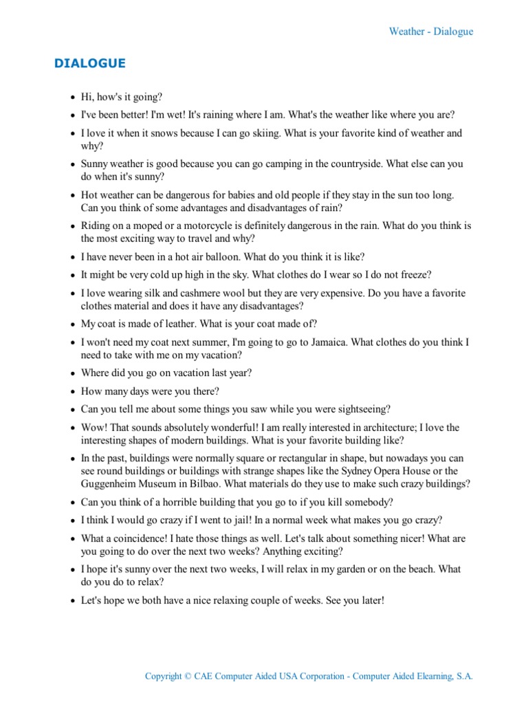 Weather - Dialogue - Es2 | PDF | Home & Garden